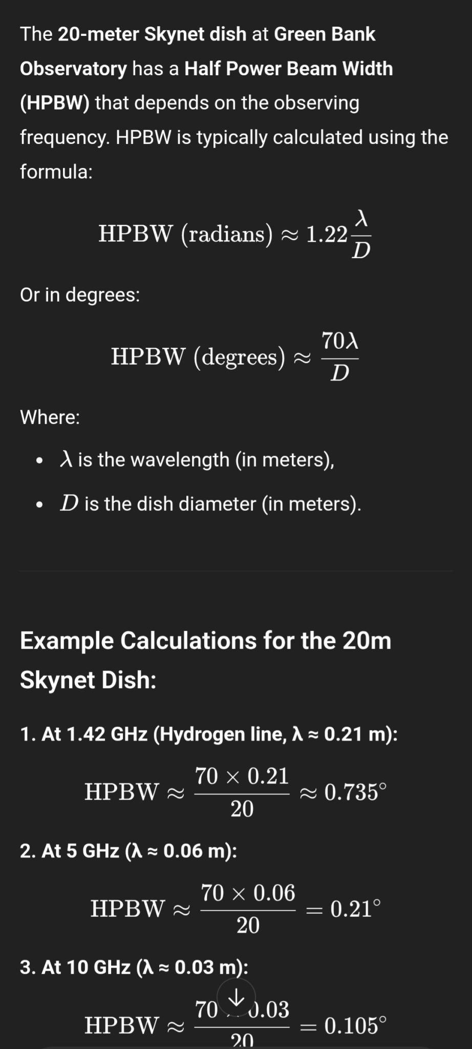 20-meter Skynet dish Green Bank Observatory Half Power Beam Width (HPBW ...