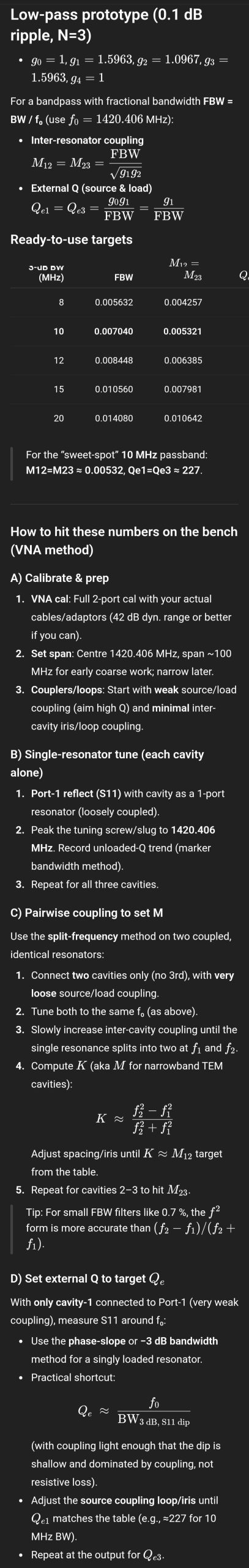 What are best specifications for cavity filters for 1420 MHz Hydrogen ...