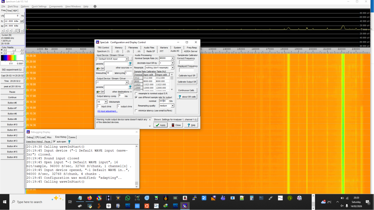 Apparently working settings in Spectrum Lab for VLF 14/2/2025 @ 20:20 ...